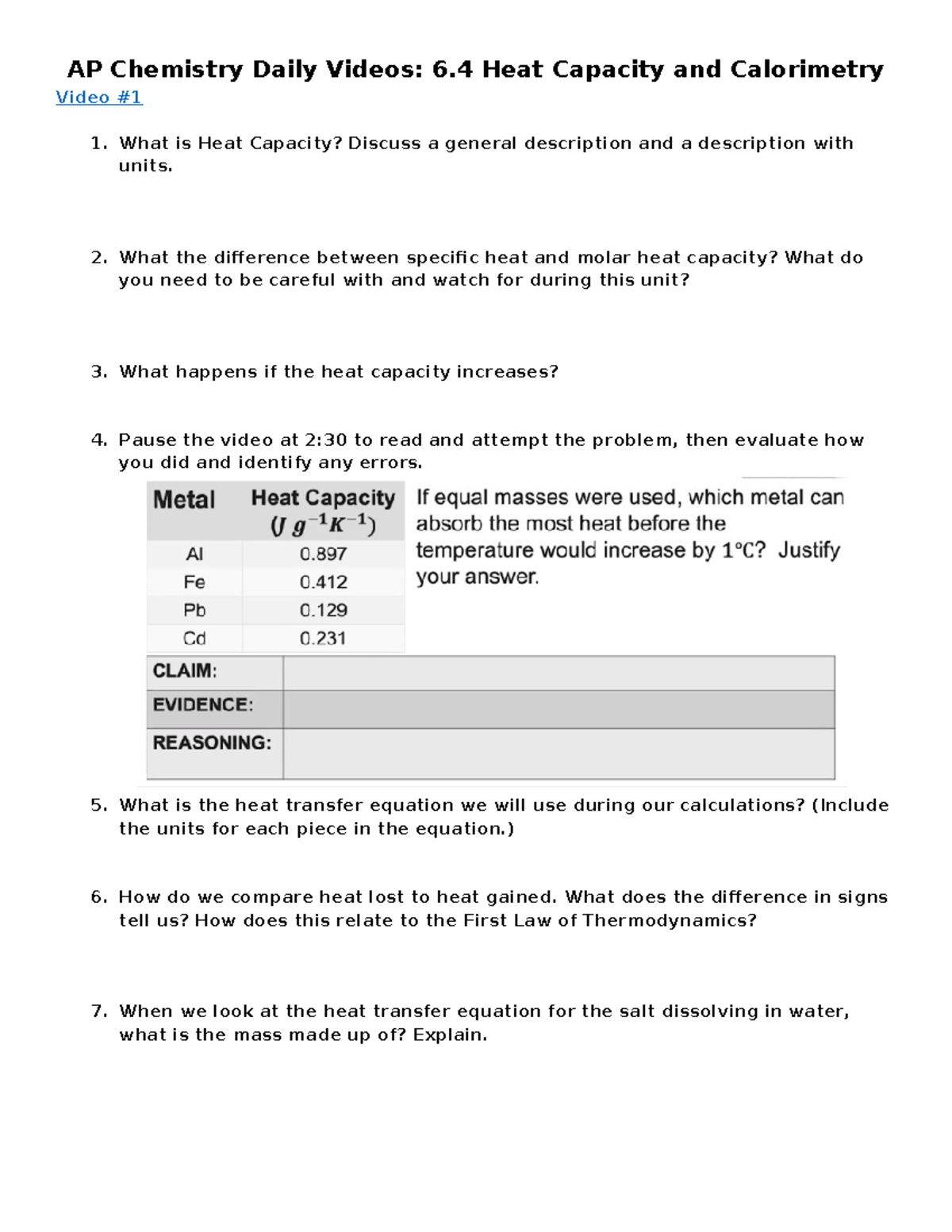 AP Chemistry Lecture: 6.4 Heat Capacity & Calorimetry Insights - Studocu