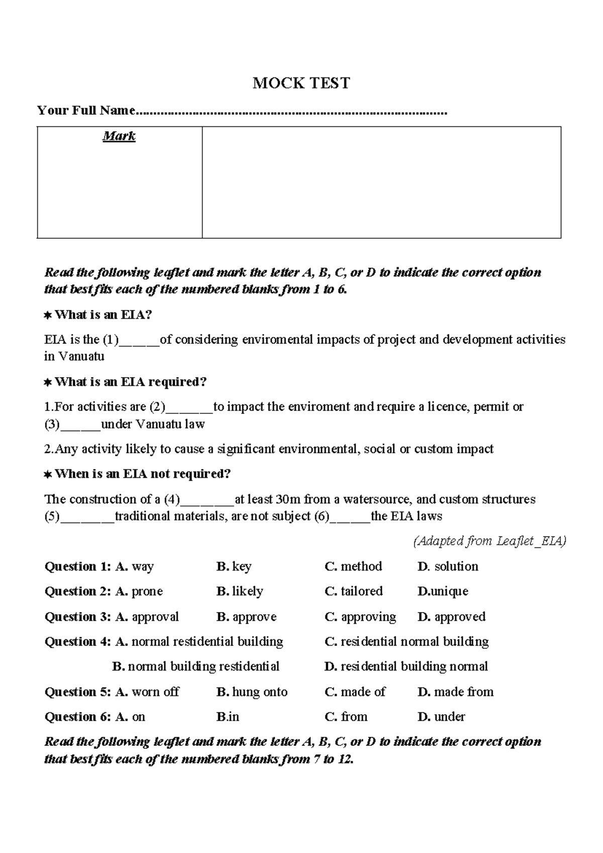 MOCK TEST (Without KEY) for Environmental Impact Assessment - Studocu