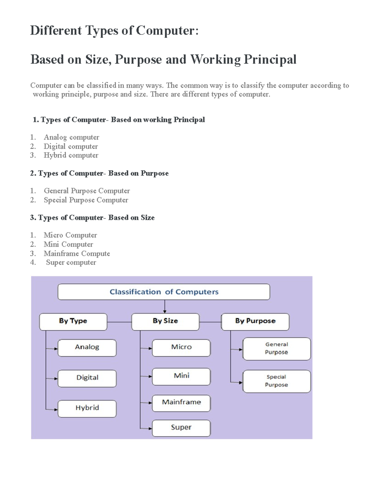UNIT - I: Classification of Computers by Size, Purpose & Principle - Studocu
