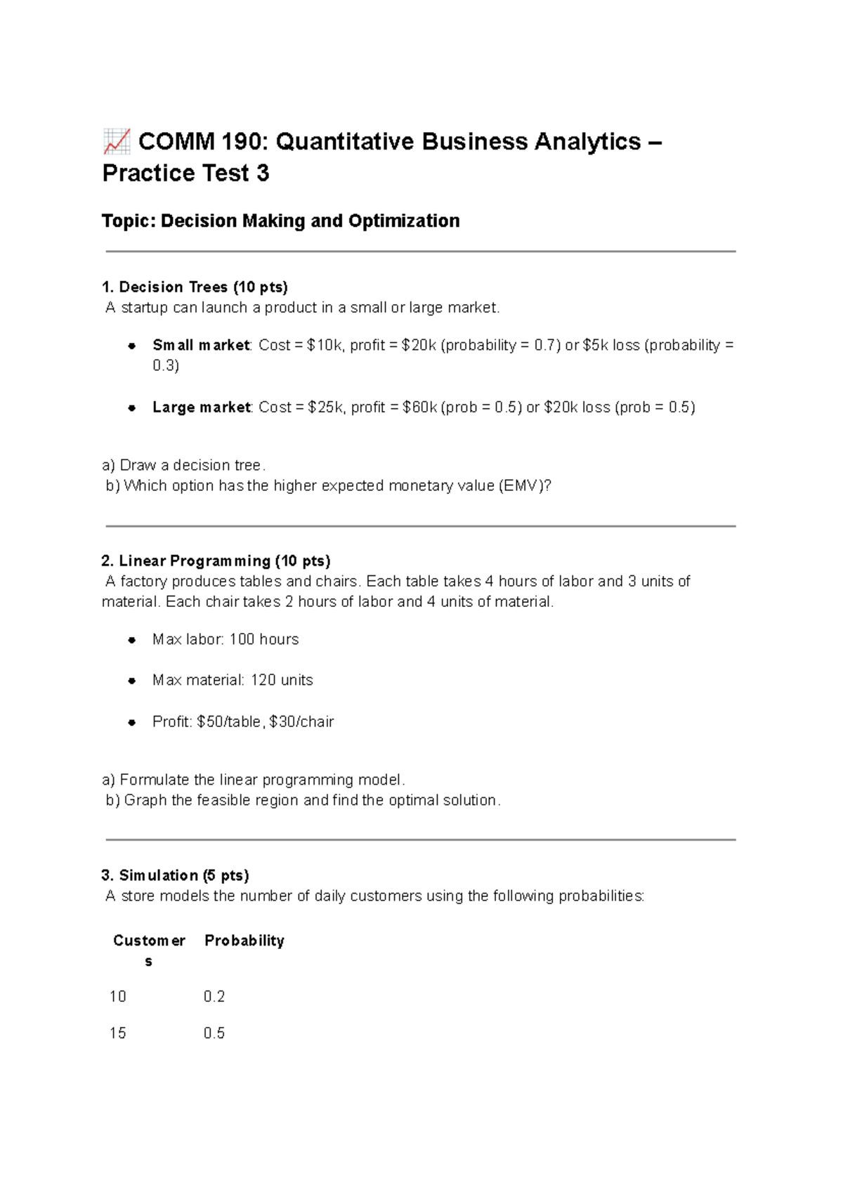 COMM 190: Quantitative Business Analytics - Practice Test 3 on Decision ...