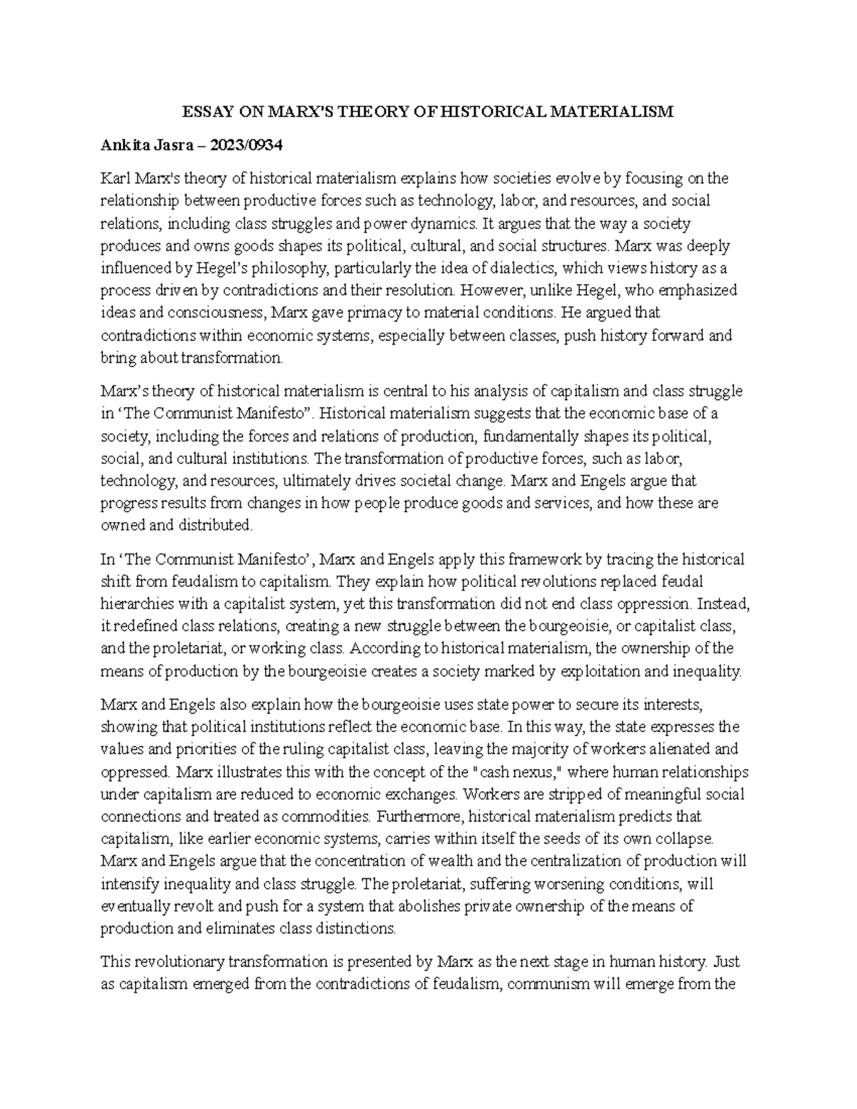 Essay on Historical Materialism: Insights and Analysis (ASSIGN 0934 ...
