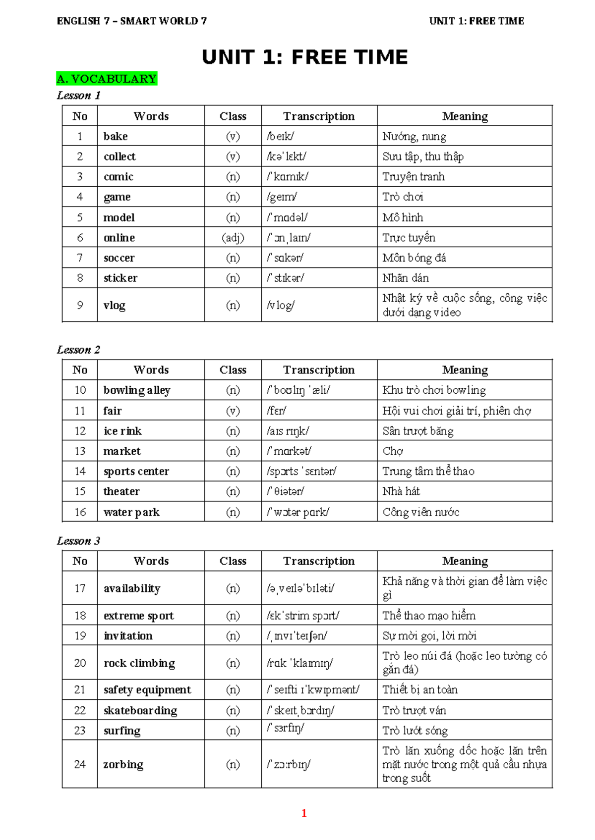 ENGLISH 7 – SMART WORLD 7: UNIT 1 VOCAB & GRAMMAR EXERCISES - Studocu