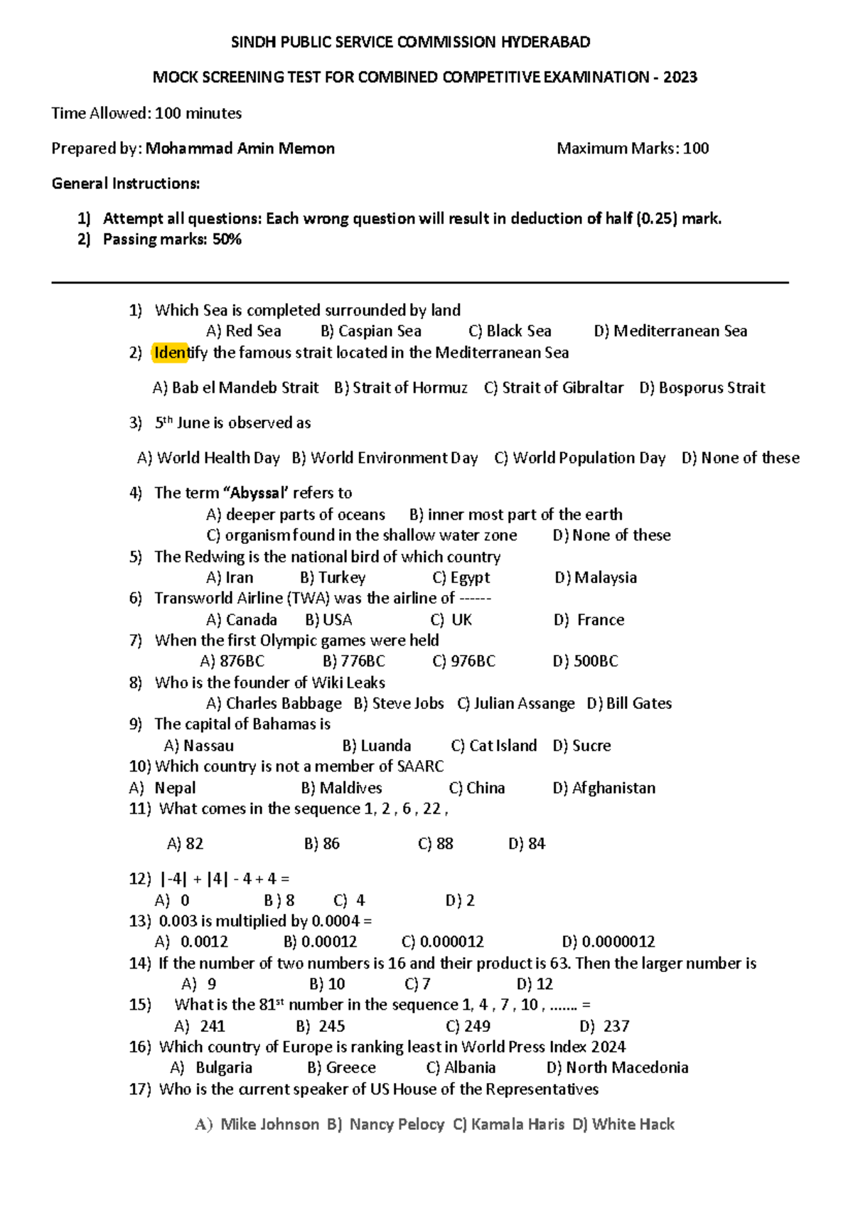 MOCK TEST SPSC CCE23 - It is a test of spsc - SINDH PUBLIC SERVICE ...