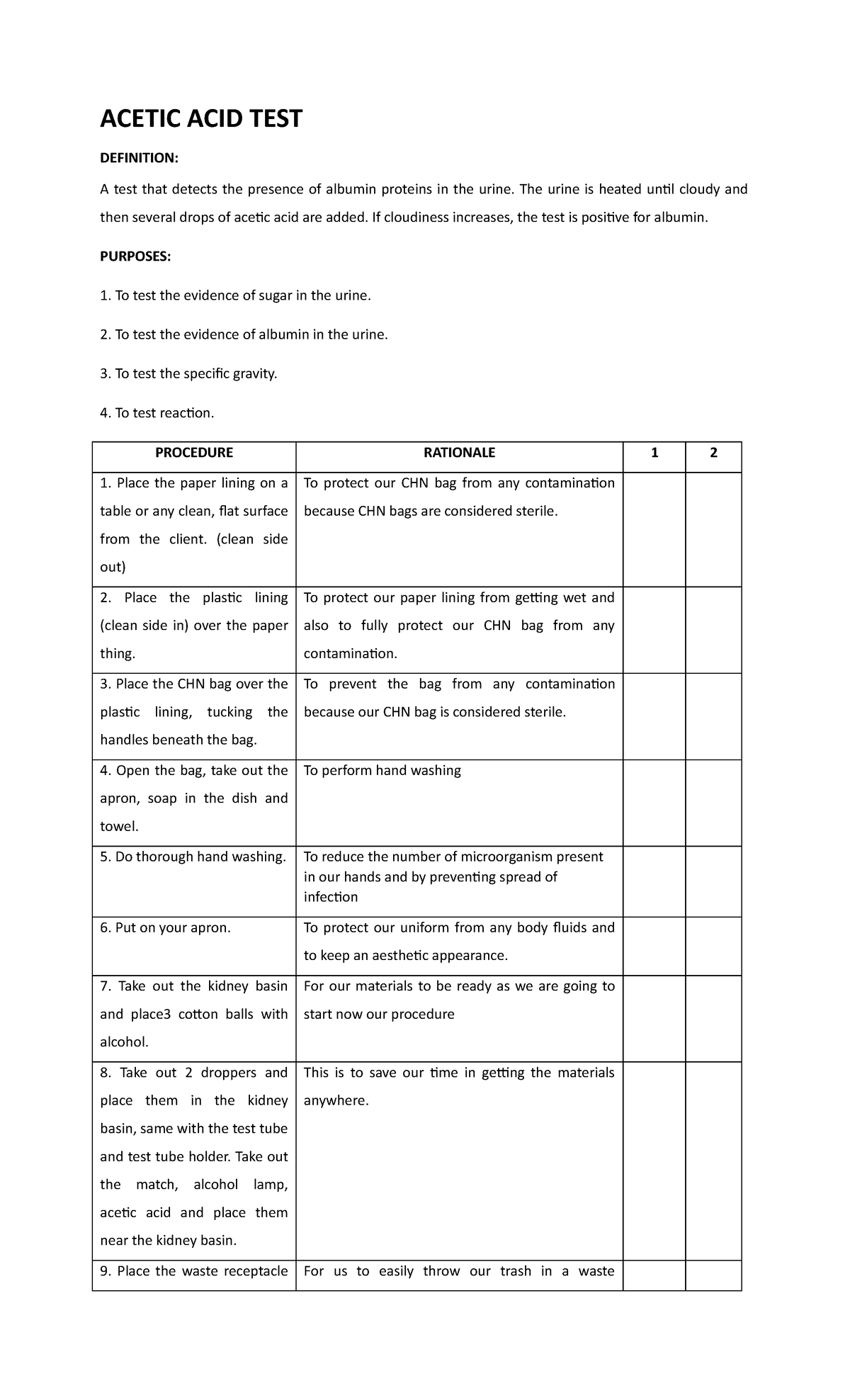 Acetic Acid Test Procedure for Urine Analysis: Detailed Steps - Studocu