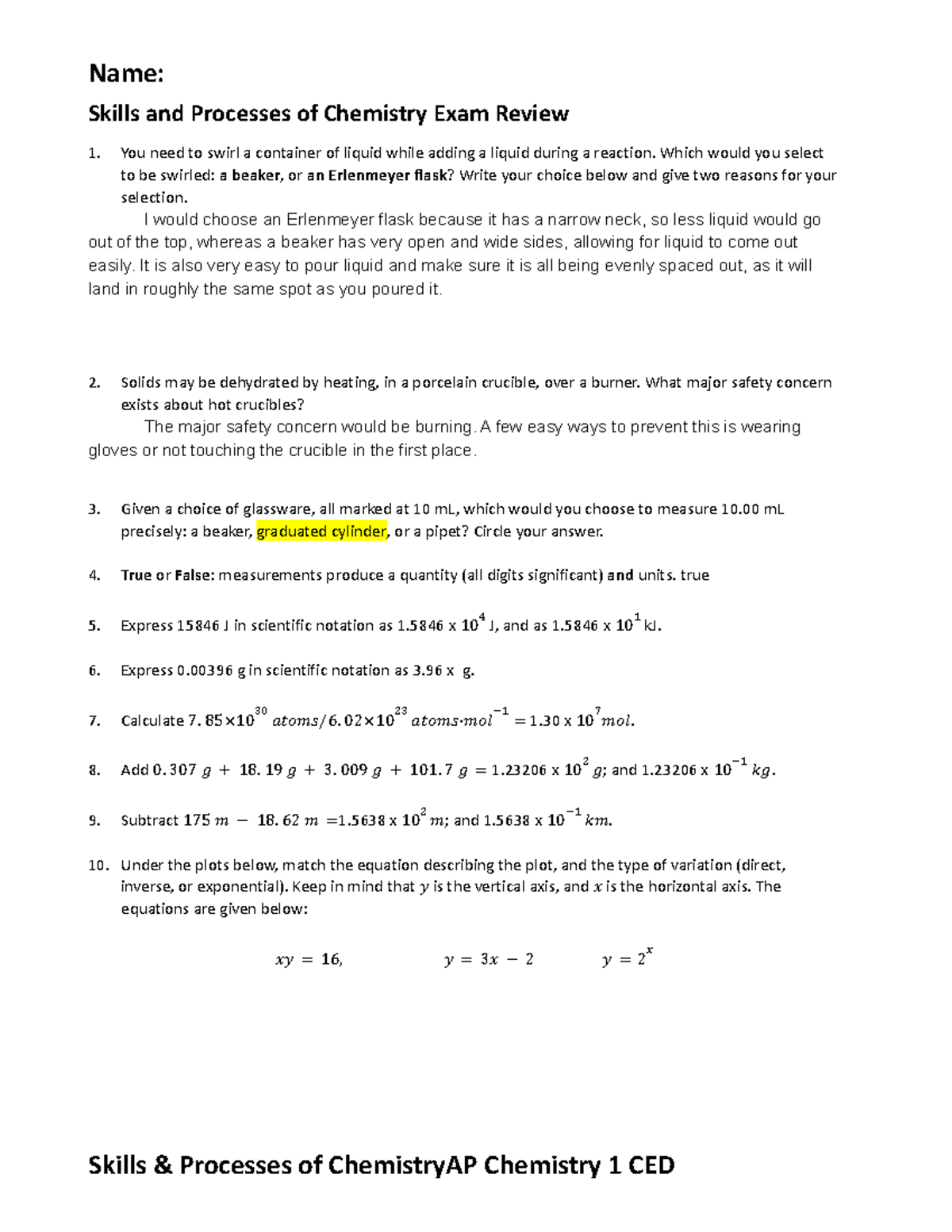 AP Chemistry 1 CED Skills and Processes Test - Name: Skills and ...