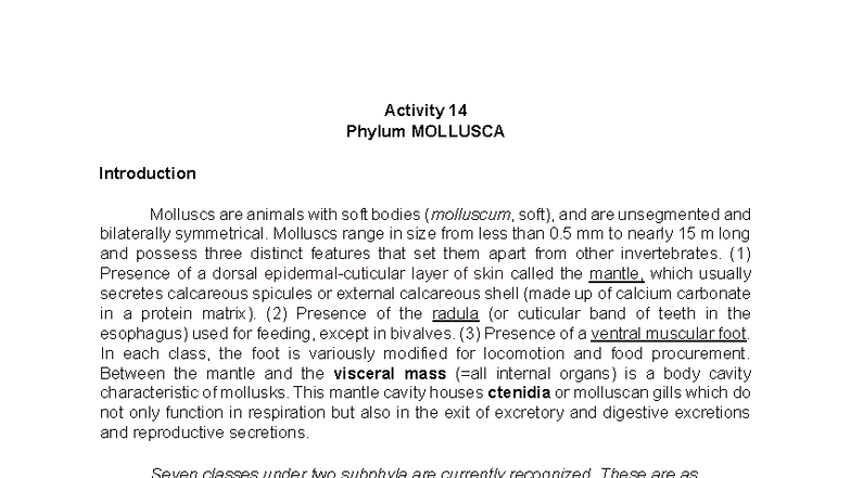 14 Phylum MOLLUSCA - Worksheet on Molluscan Characteristics and Anatomy ...