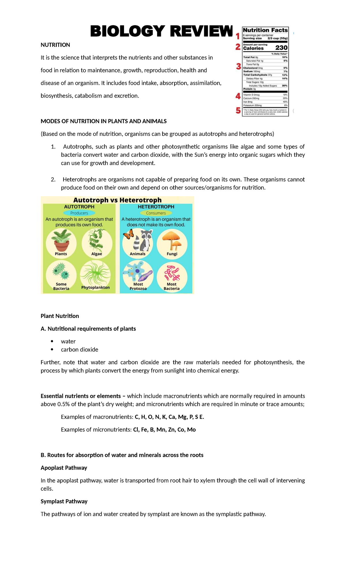 NUTRITION AND BIOLOGY REVIEWER (NUTR 101) - Studocu