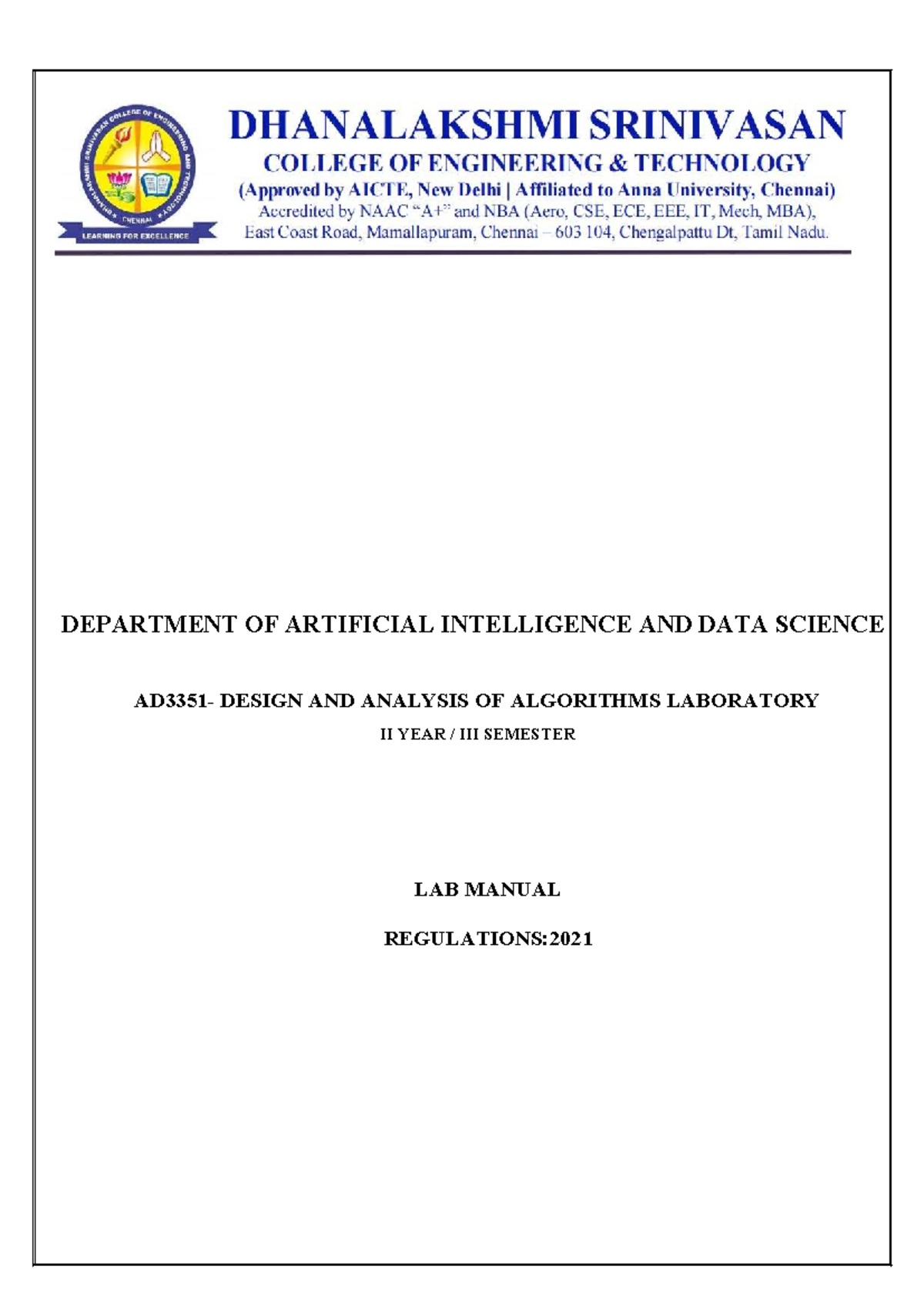AD3351 Design and Analysis of Algorithms Lab Manual - Studocu