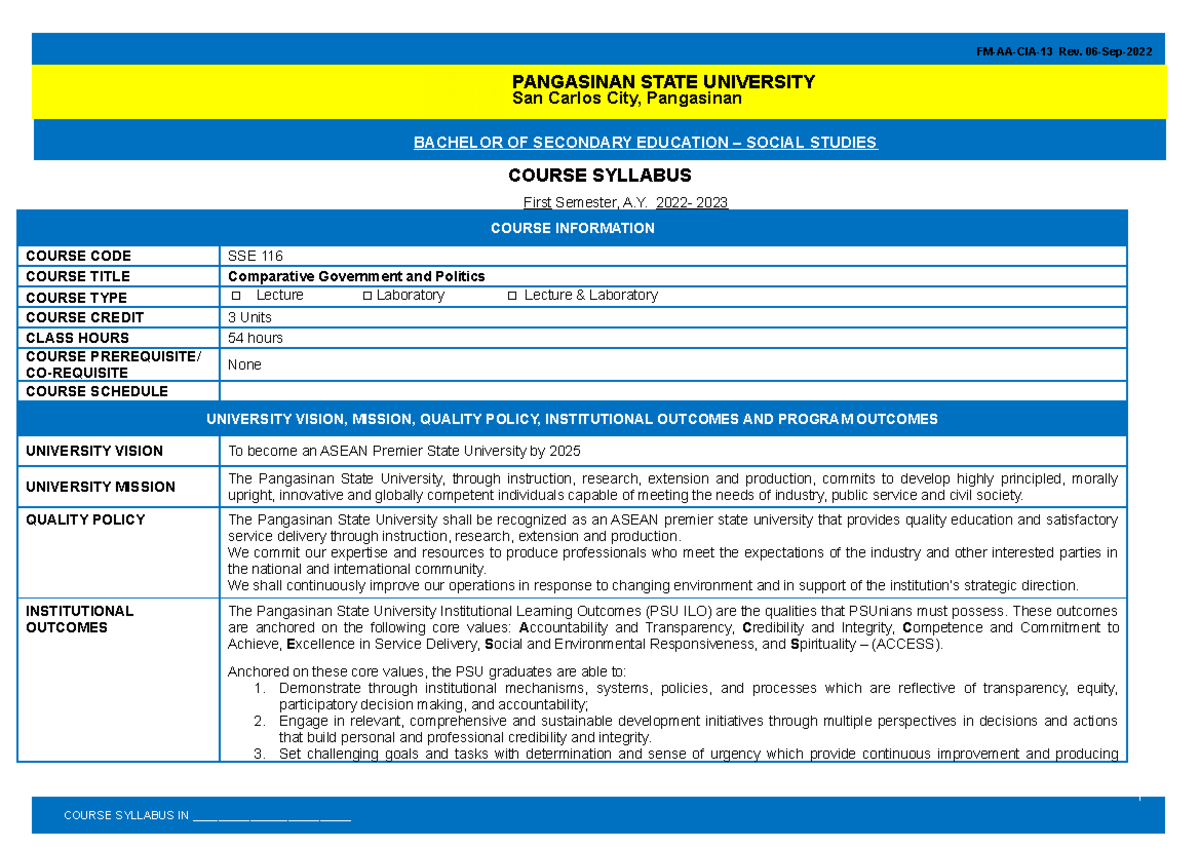 SSE-116 Comparative Government & Politics Course Syllabus Overview ...