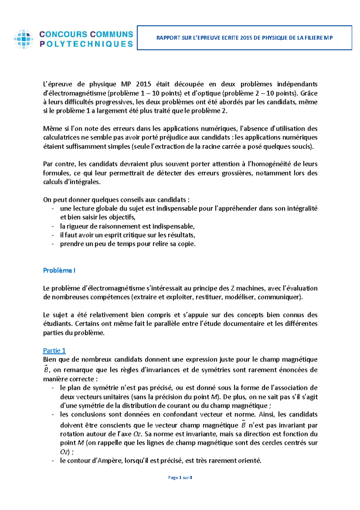 Rapport Écrit de Physique MP 2015 : Analyse des Problèmes et Résultats ...
