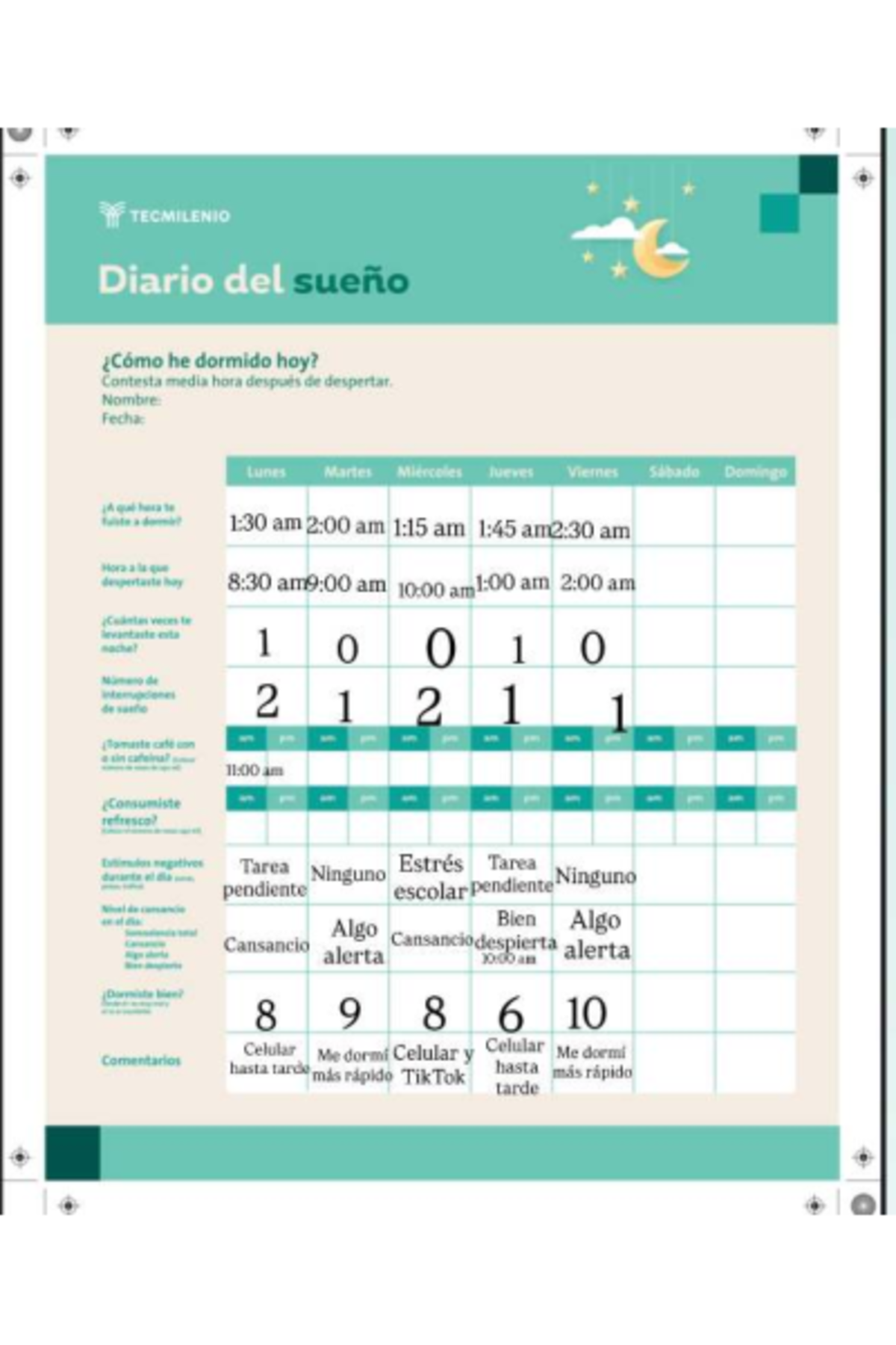 Diario de Sueño: Registro de Dormir y Despertar - Studocu