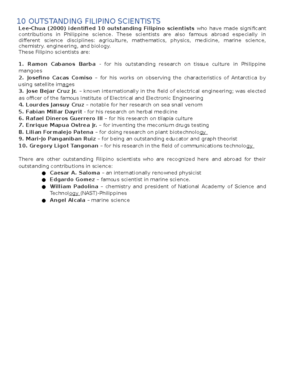 STS - 10 Outstanding Filipino Scientists and Their Contributions - Studocu
