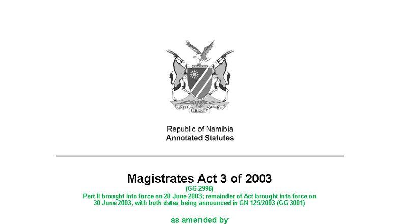 Magistrates Act 3 of 2003: Comprehensive Overview and Amendments - Studocu