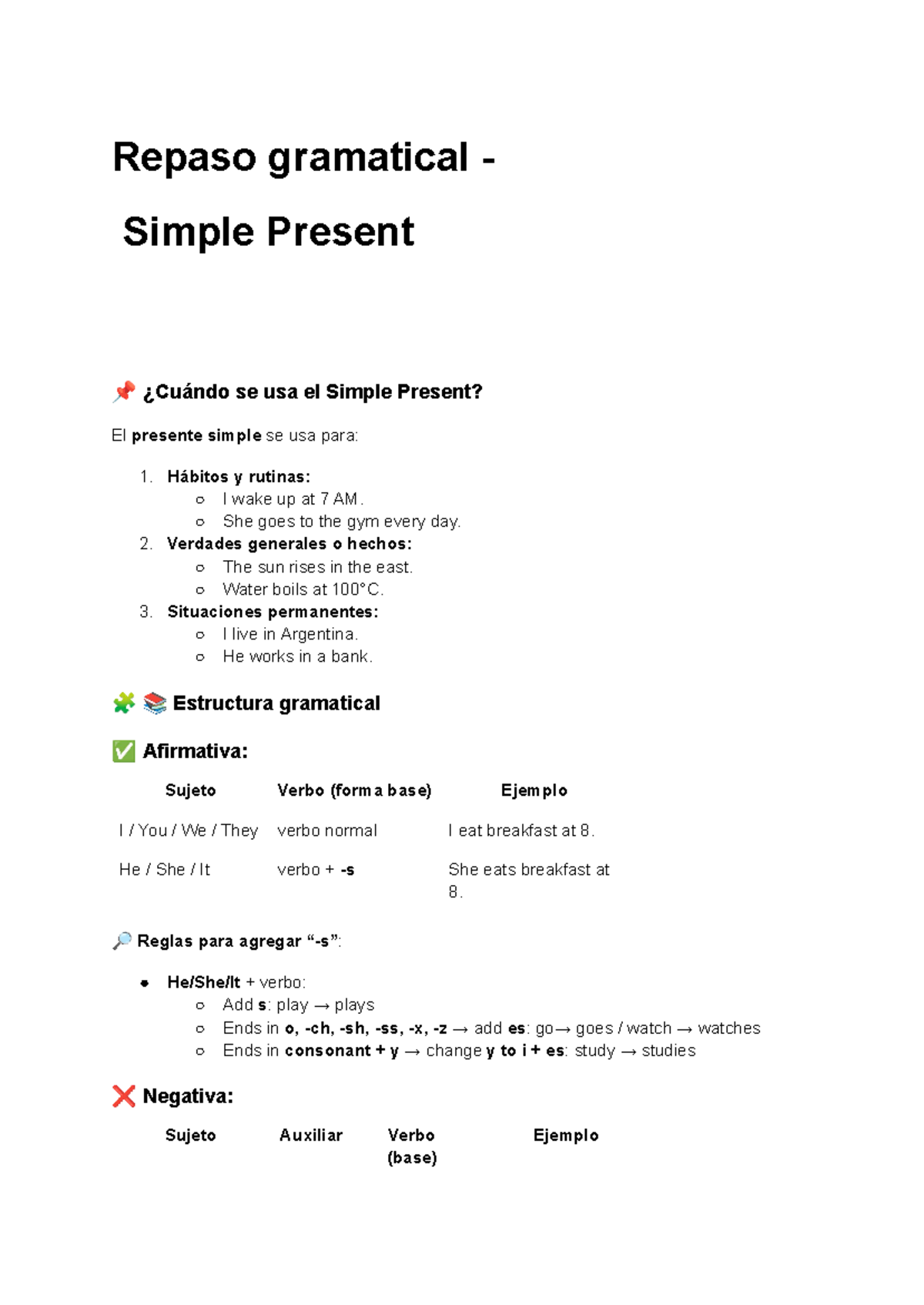 Repaso gramatical: Uso y Estructura del Presente Simple - Studocu