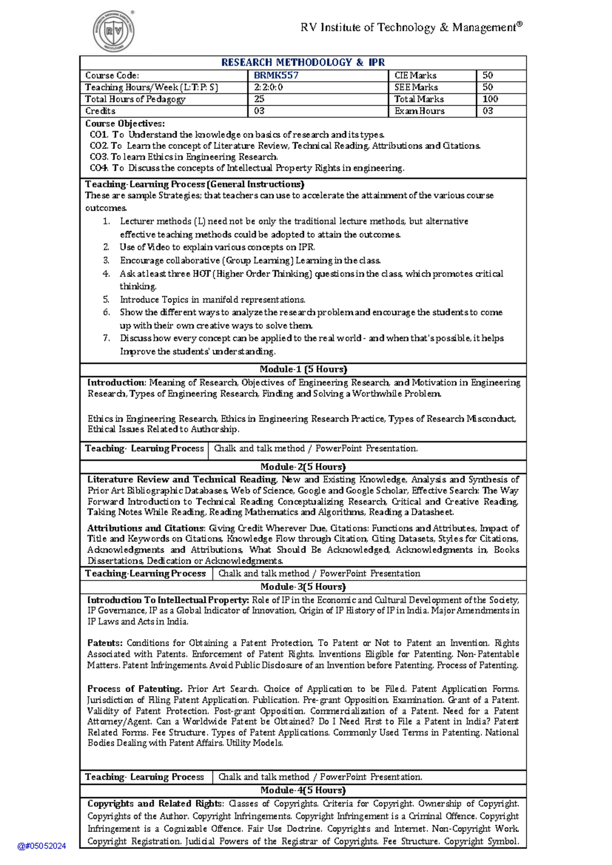 BRMK557 - Syllabus - RESEARCH METHODOLOGY & IPR Course Code: BRMK557 ...
