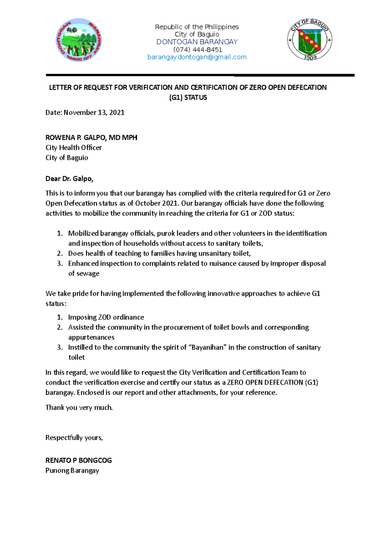 ZOD Action Plan and Request for Zero Open Defecation Verification G1 ...