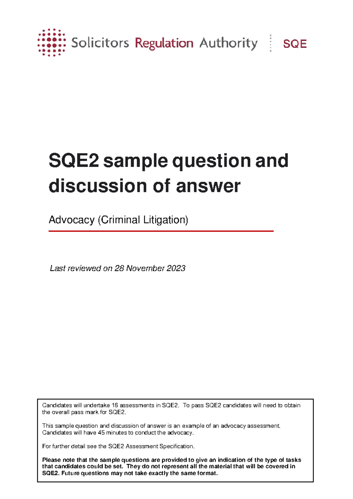 SQE2 Advocacy Sample Question & Discussion of Answers 2023 - Studocu