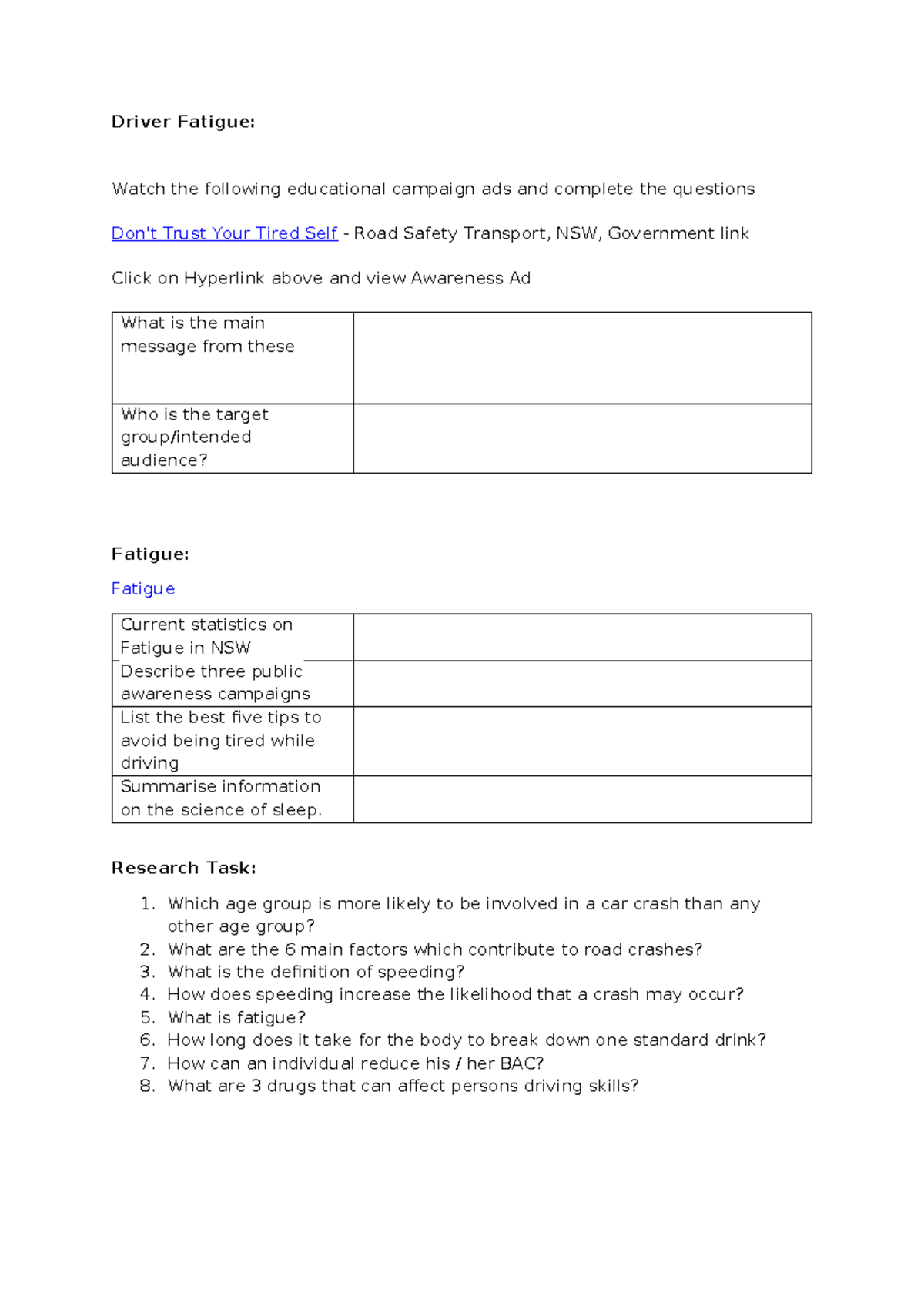 Driver Fatigue Awareness: Key Insights & Research Task - Studocu