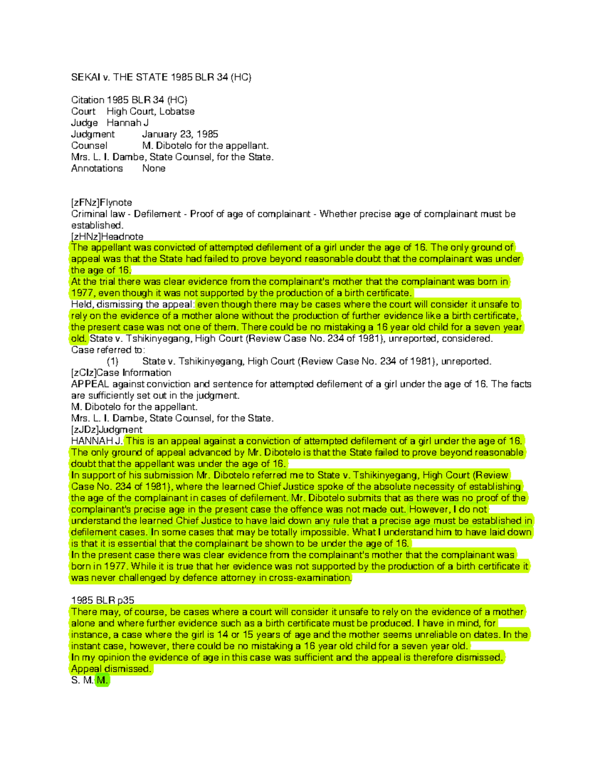 Sekai v. State - Case Law Analysis (1985) on Defilement Issues - Studocu