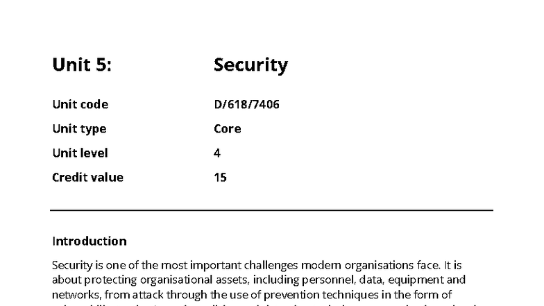 Unit 5: Security - Core Unit Level 4 Overview and Learning Outcomes ...