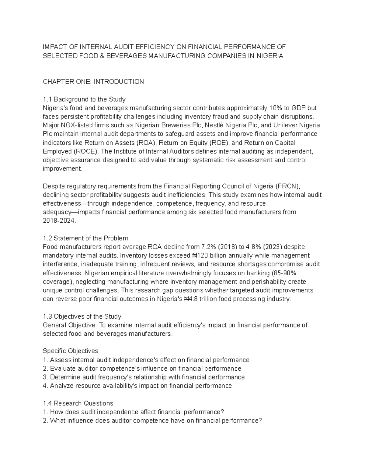 Impact of Internal Audit Efficiency on Financial Performance in Nigeria ...