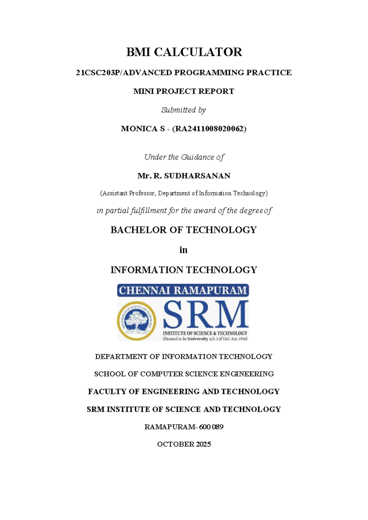 BMI Calculator Mini Project Report - CS101 Final Submission - Studocu