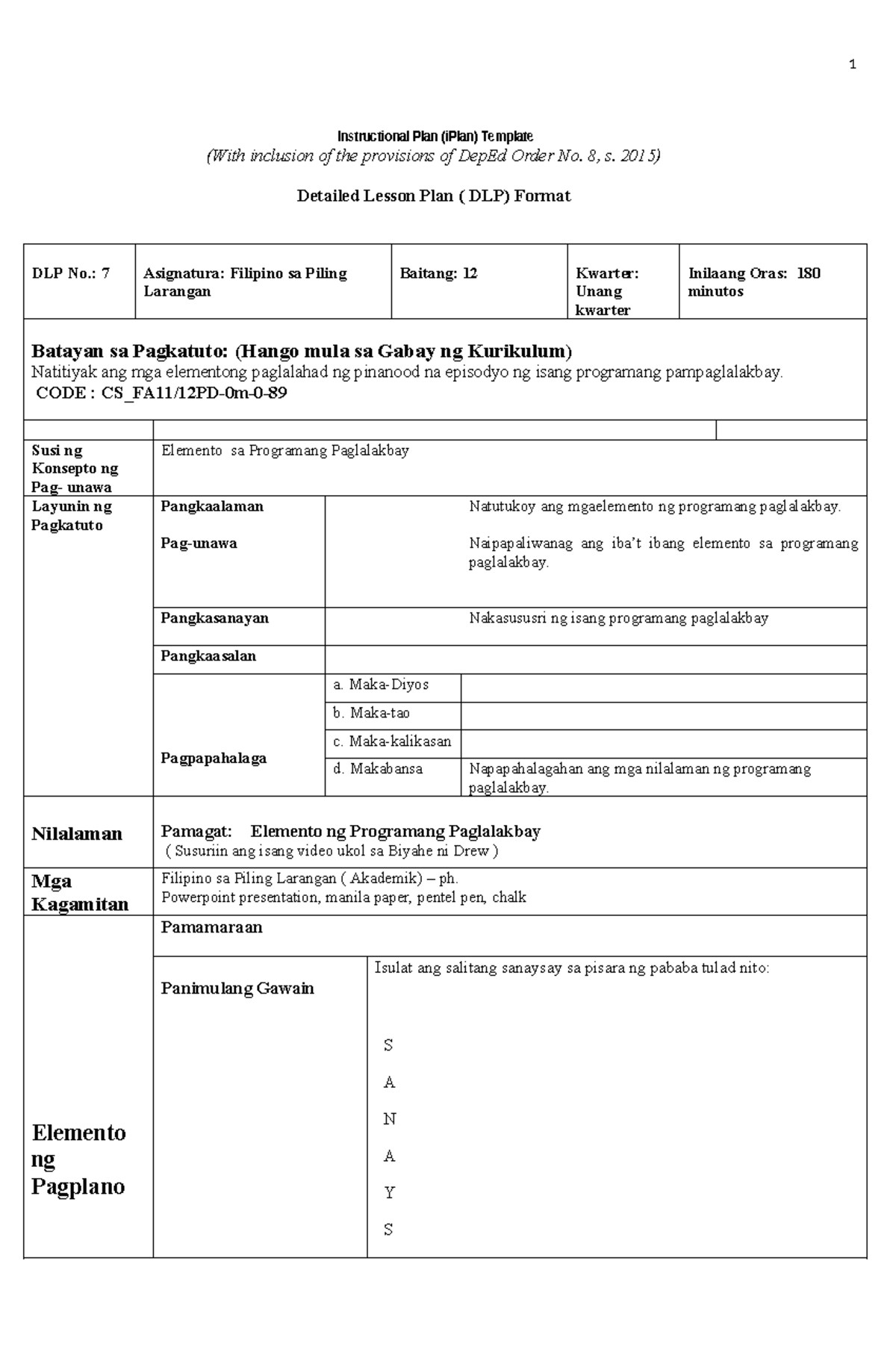 Q1 PL7( Akademik)doc - lesson plan example for all - 1 Instructional Plan (iPlan) Template (With ...