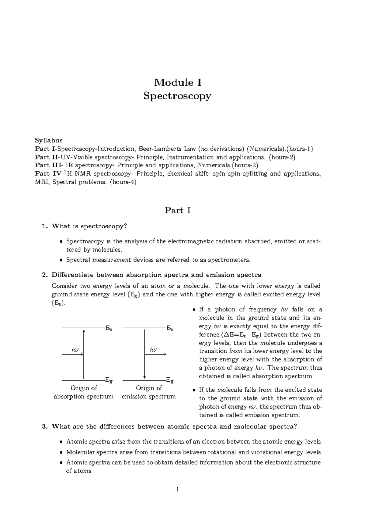 Module I Spectroscopy Syllabus: Principles, Instrumentation ...