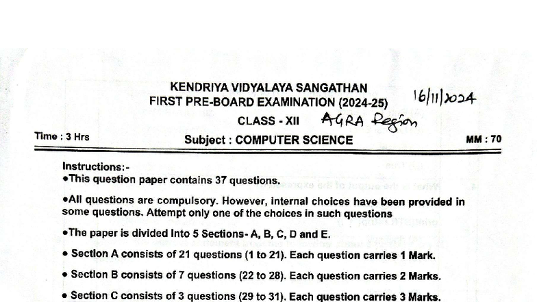 12 CS PB1 AGRA QP - Essential for Scoring Centum in Computer Science - Studocu