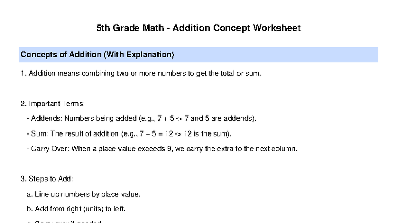 5th Grade Math Addition Concepts Worksheet with Explanations - Studocu