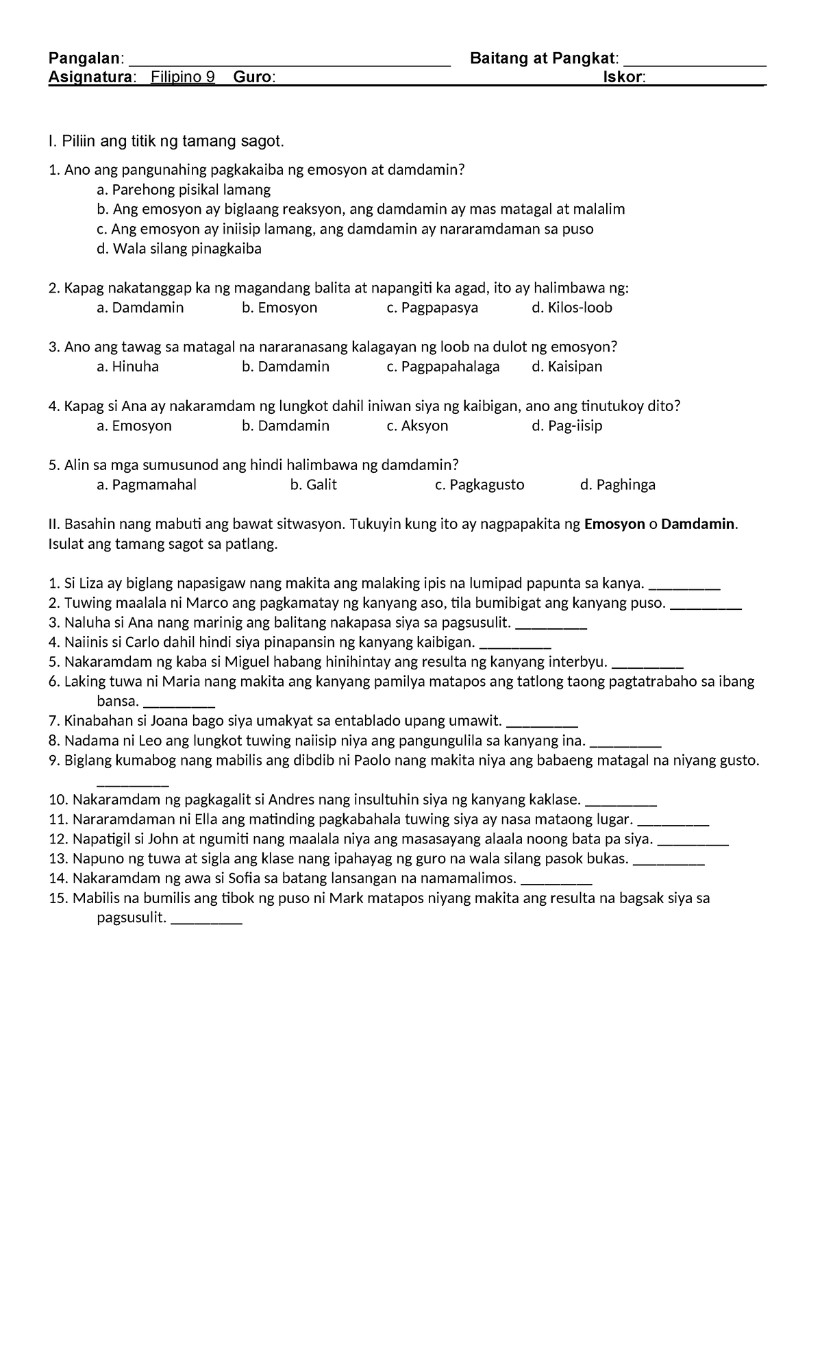 Filipino 9 Activity: Emosyon at Damdamin Quiz - Studocu