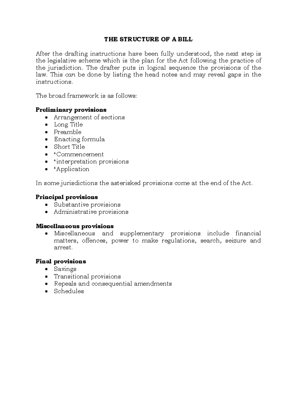 Structure of a Bill - Revision Notes for Legislative Drafting - Studocu