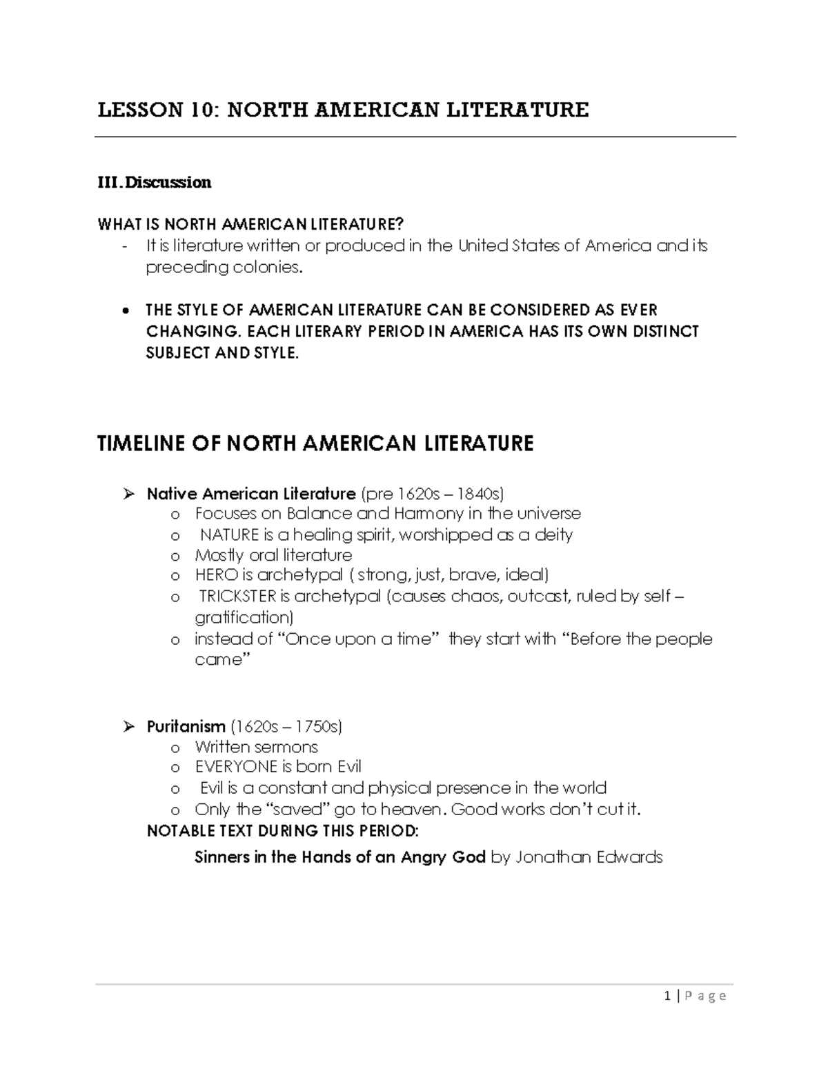 L10 LITT Handout - LESSON 10: NORTH AMERICAN LITERATURE - LESSON 10 ...