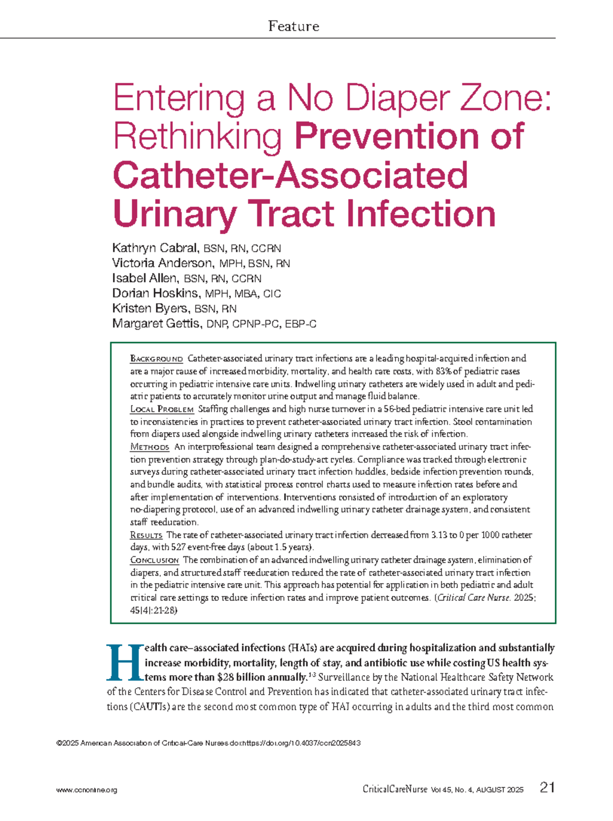 CCN Final Exam: No Diaper Zone Strategy for Preventing CAUTIs in PICU ...