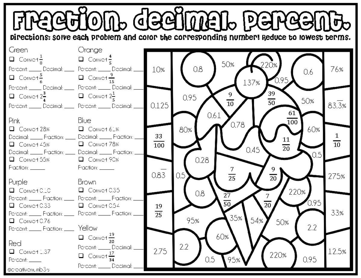 Coloring Worksheet: Convert Fraction, Decimal, & Percent (Math 101 ...