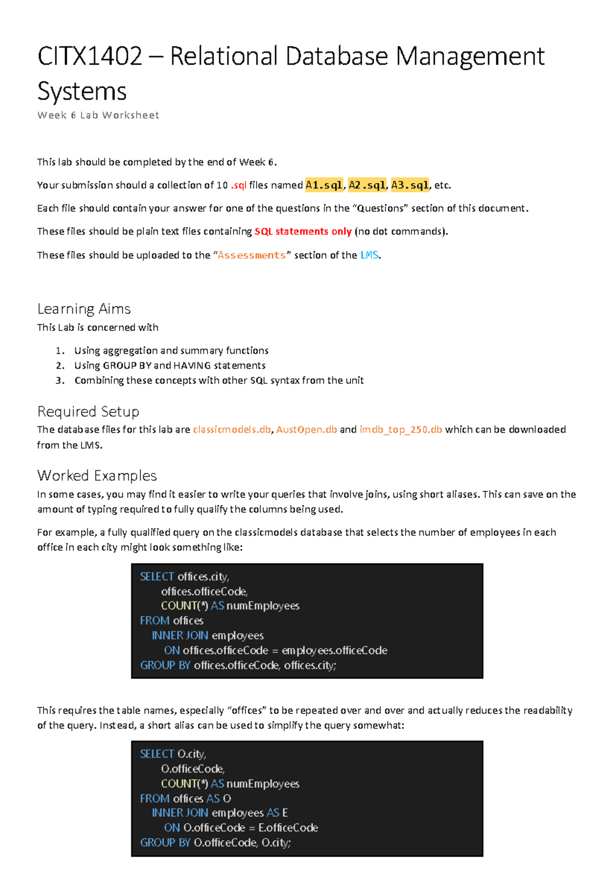 CITX1402 Relational DBMS Week 6 Lab Worksheet Instructions - Studocu