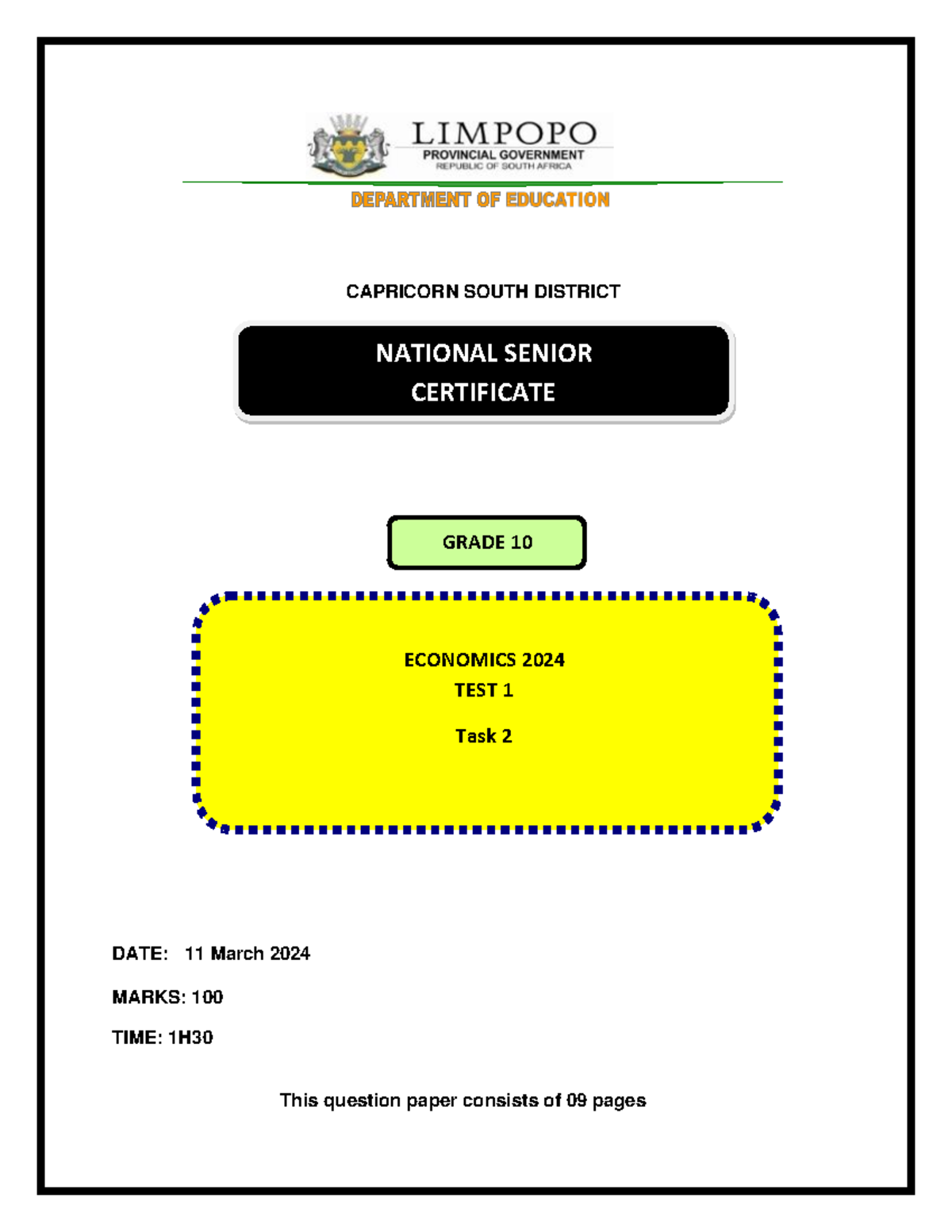 Grade 10 Economics Test 1 - Task 2 Question Paper 2024 - Studocu