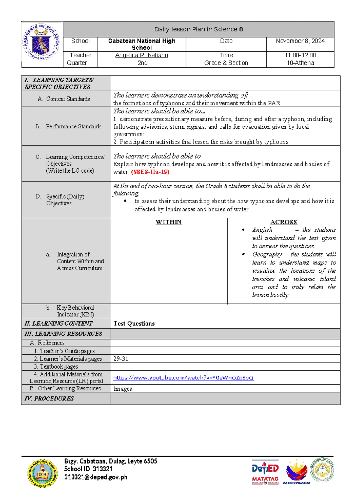 Long Quiz - Lesson Plan on Earthquakes and Typhoon Development - Studocu