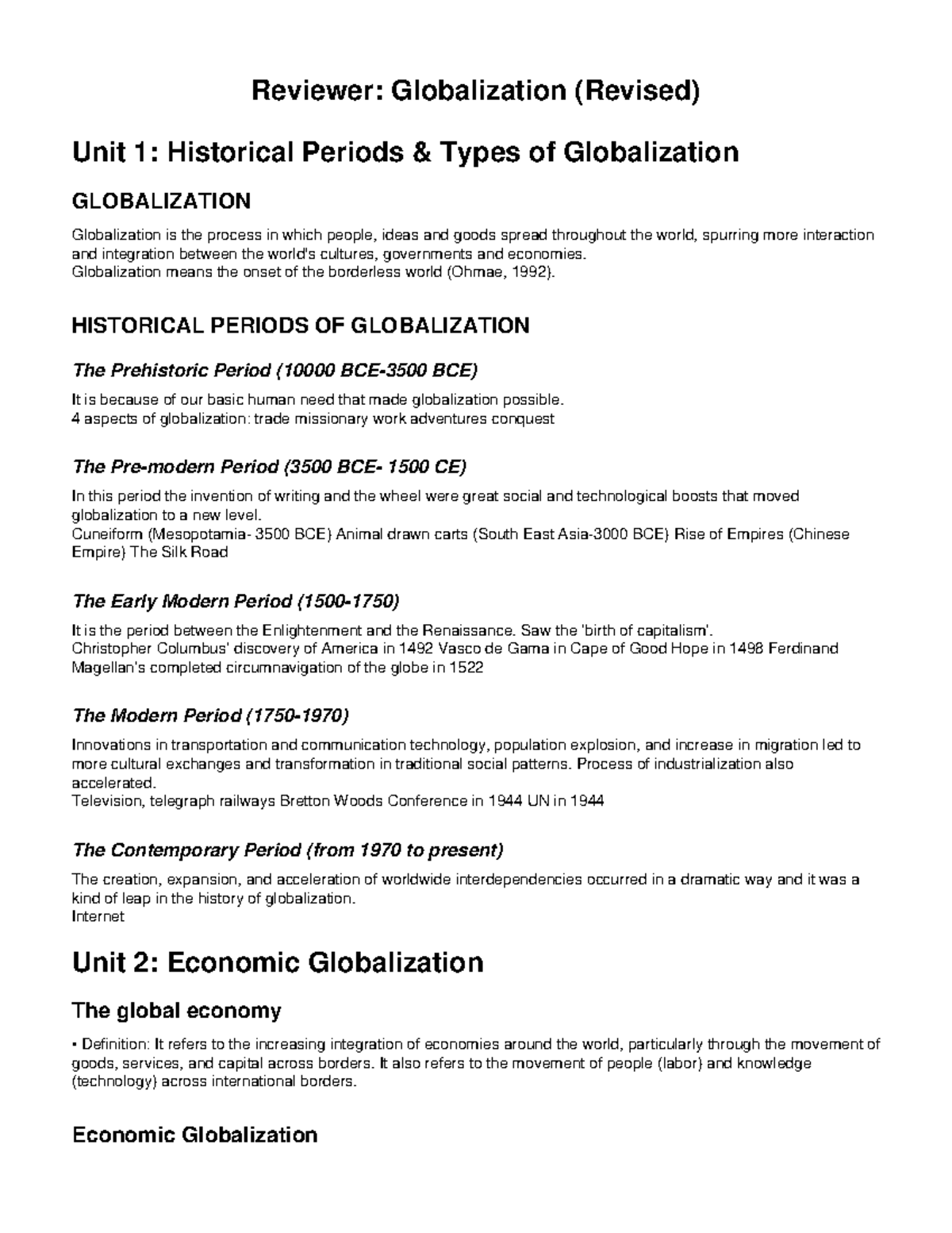 Globalization Reviewer: Historical Periods & Economic Integration - Studocu