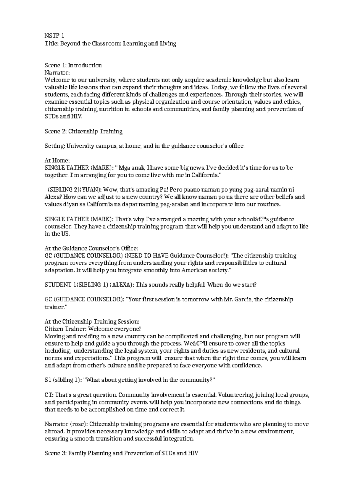 NSTP 1: Beyond the Classroom - A Script on Life Lessons and Citizenship ...