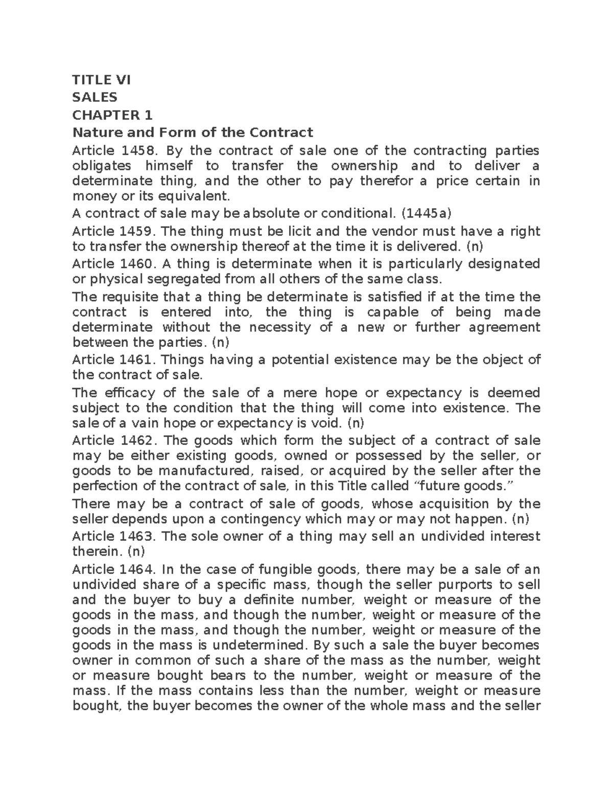 Law on Sales - Article 1458-1465 - TITLE VI SALES CHAPTER 1 Nature and ...