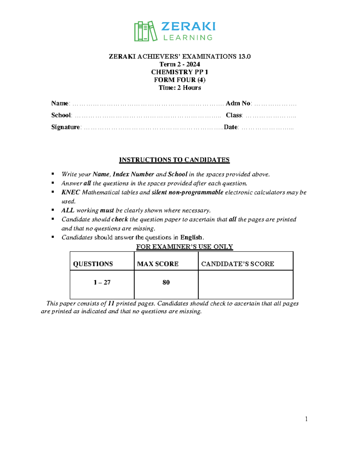 CHEMISTRY PP1 FORM 4 ZERAKI EXAMINATION TERM 2 2024 - Studocu