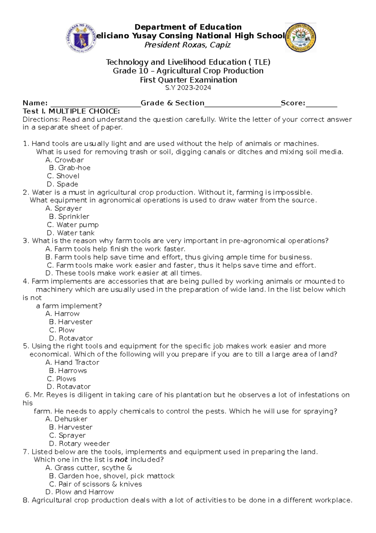 TLE Grade 10 1st Quarter Exam: Agricultural Crop Production - Studocu
