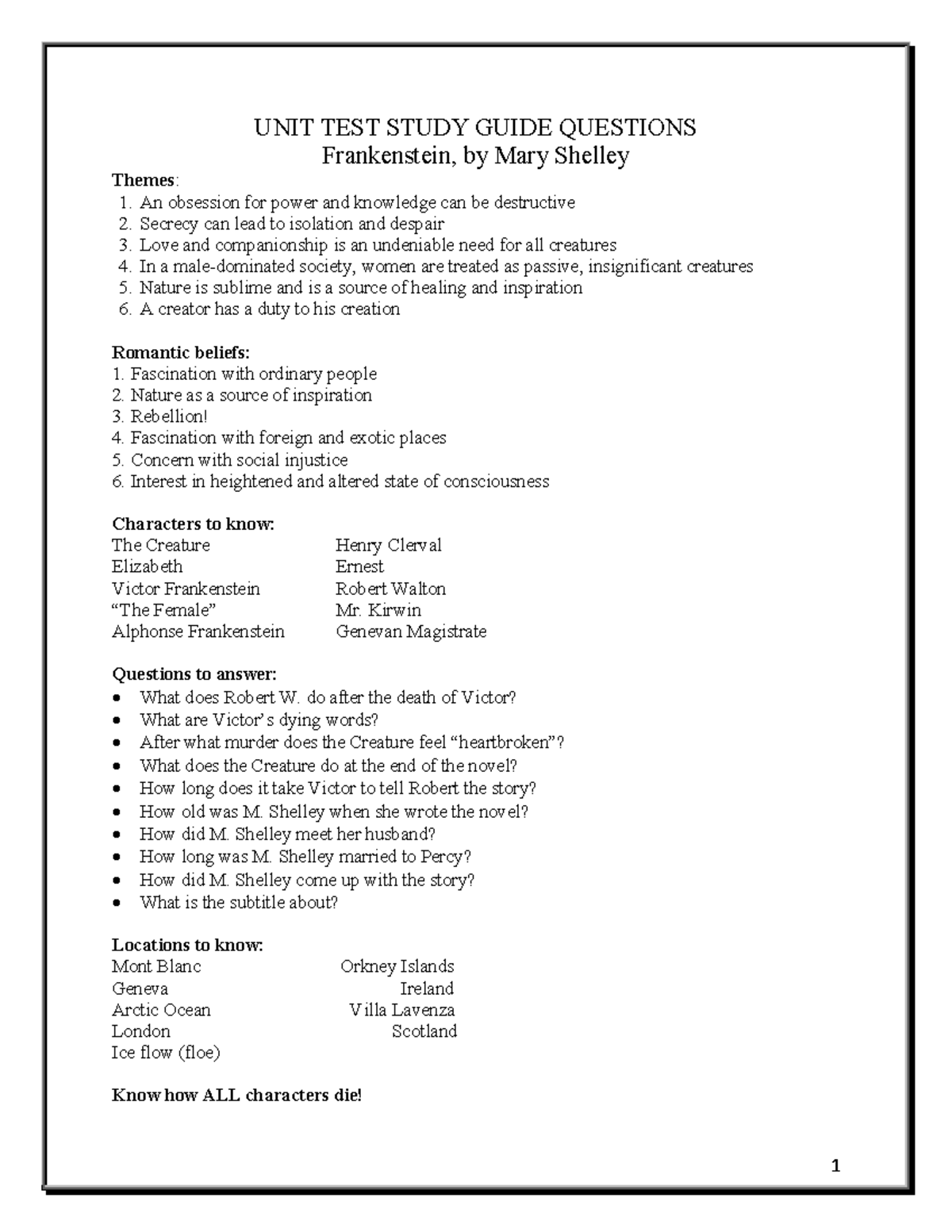 Frankenstein Unit Test Study Guide - Studocu
