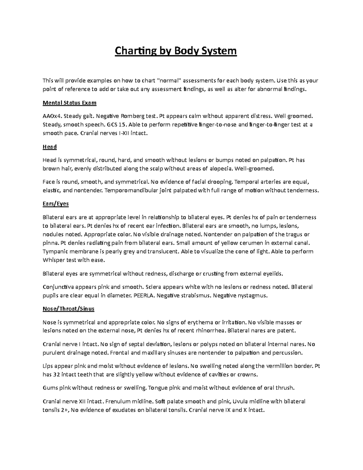 Charting Body Systems Assessment: Examples & Guidelines - Studocu