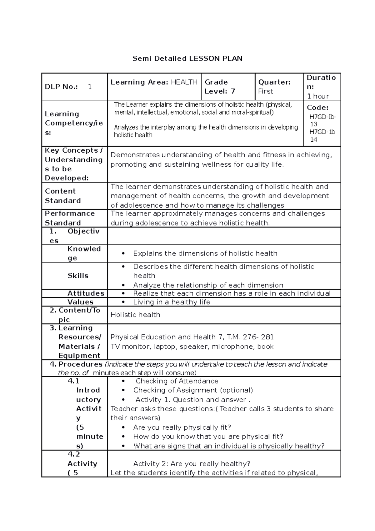 Health 7 Q1 Lesson Plan - Dimensions of Holistic Health - Studocu