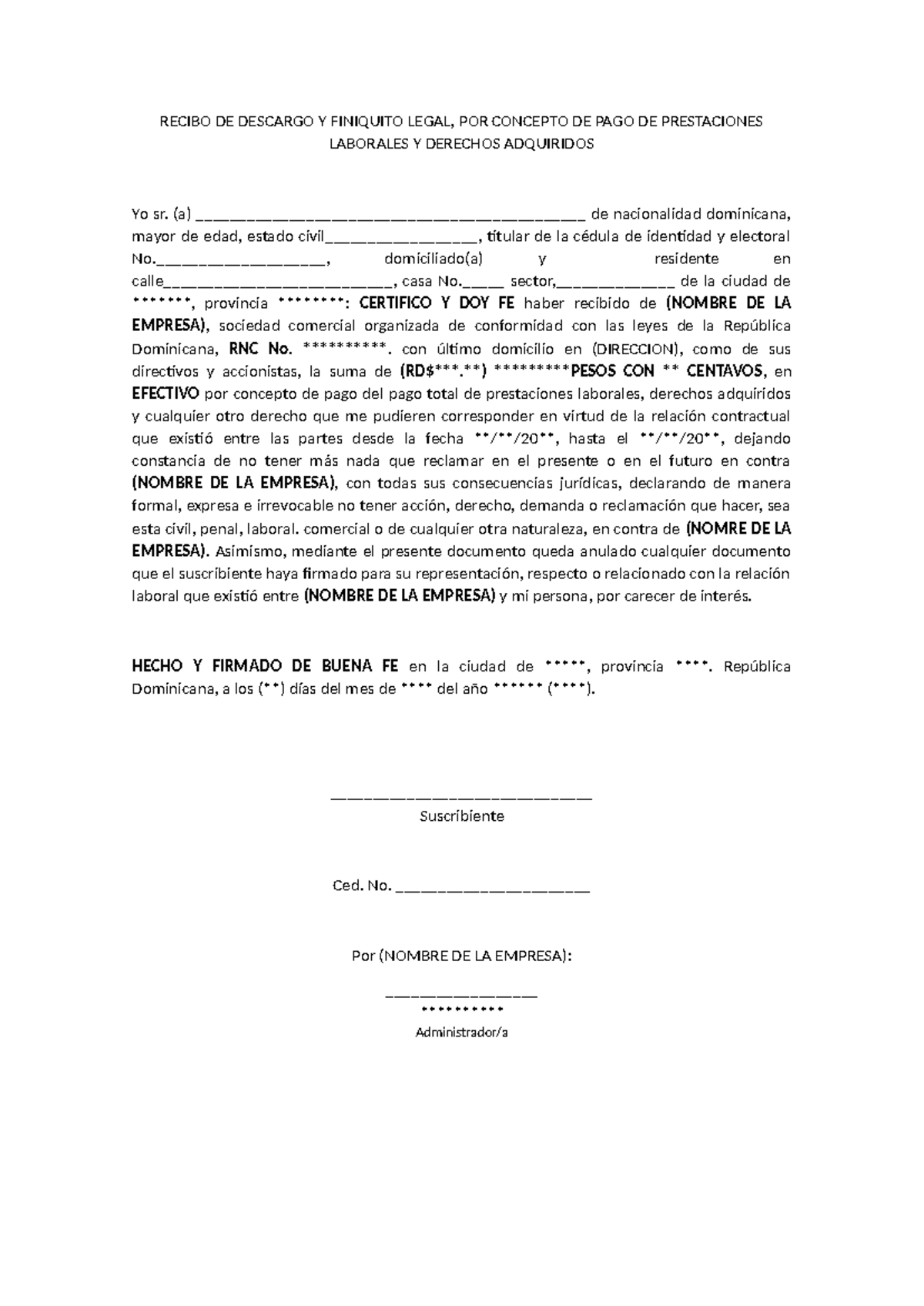 Plantilla de Recibo de Descargo y Finiquito Legal - Studocu