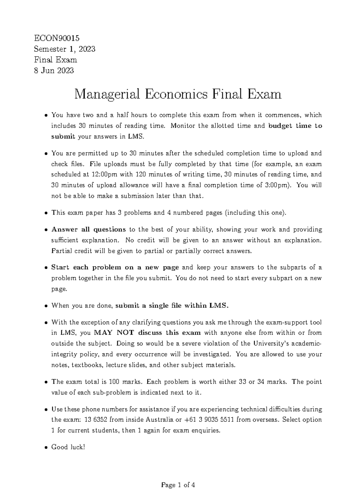 Managerial Economics ECON 2023 Final Exam Guidelines & Problems - Studocu