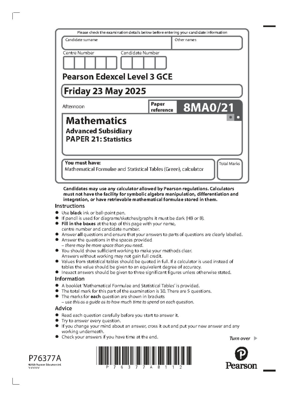 Edexcel AS 2025 Mathematics Advanced Subsidiary Paper 21: Statistics ...