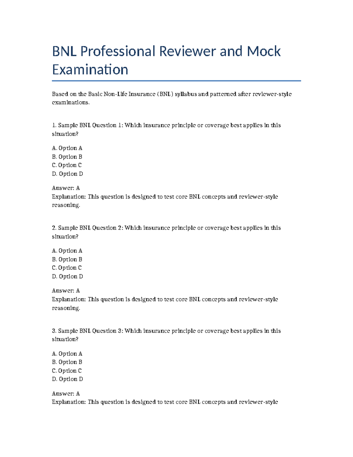 BNL Professional Reviewer: 100 Sample Questions on Insurance Principles ...